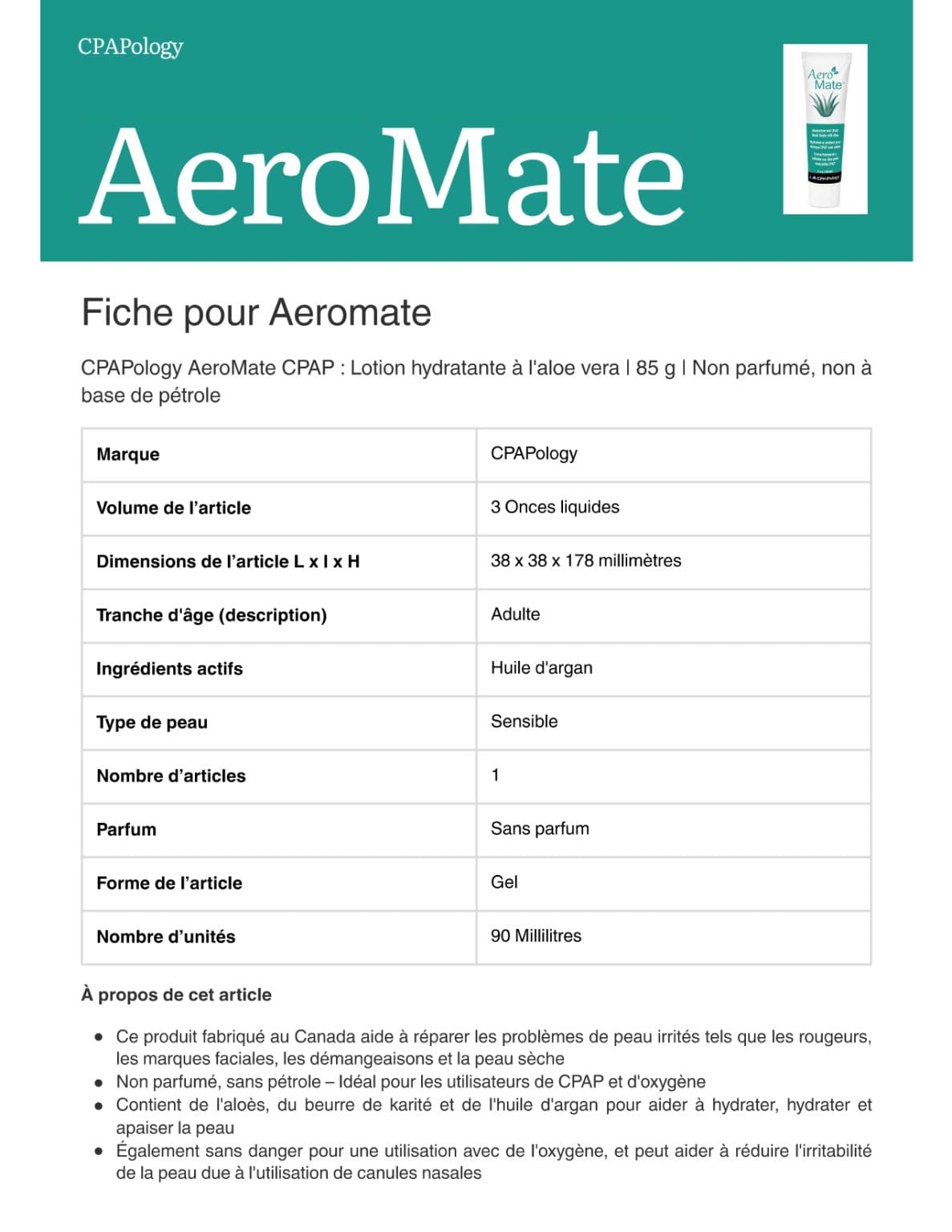 Hydratant et scellant avec Aloès pour masque CPAP AeroMate | La Clef du ...